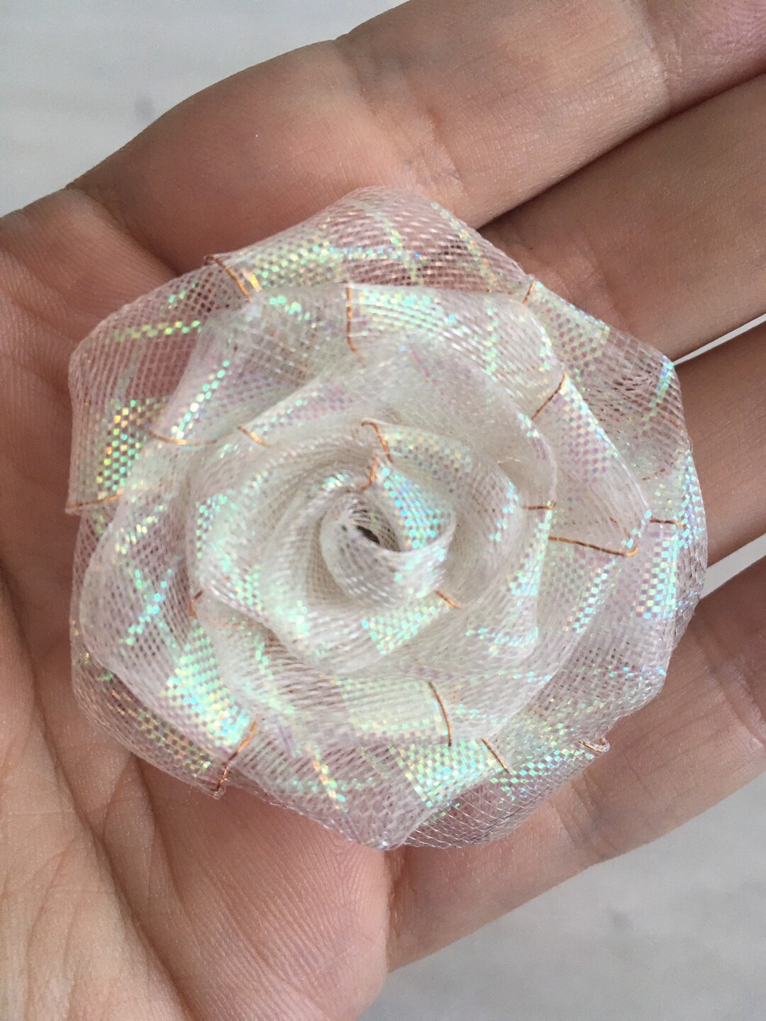 Iridescent Striped Organza Ribbon Rose Brooch / Pin / Stem / Hair Clip ...