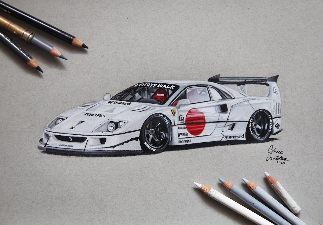 Car Drawing F40 Stanced, Car Guy Gift, Birthday Gift, Gift for ...