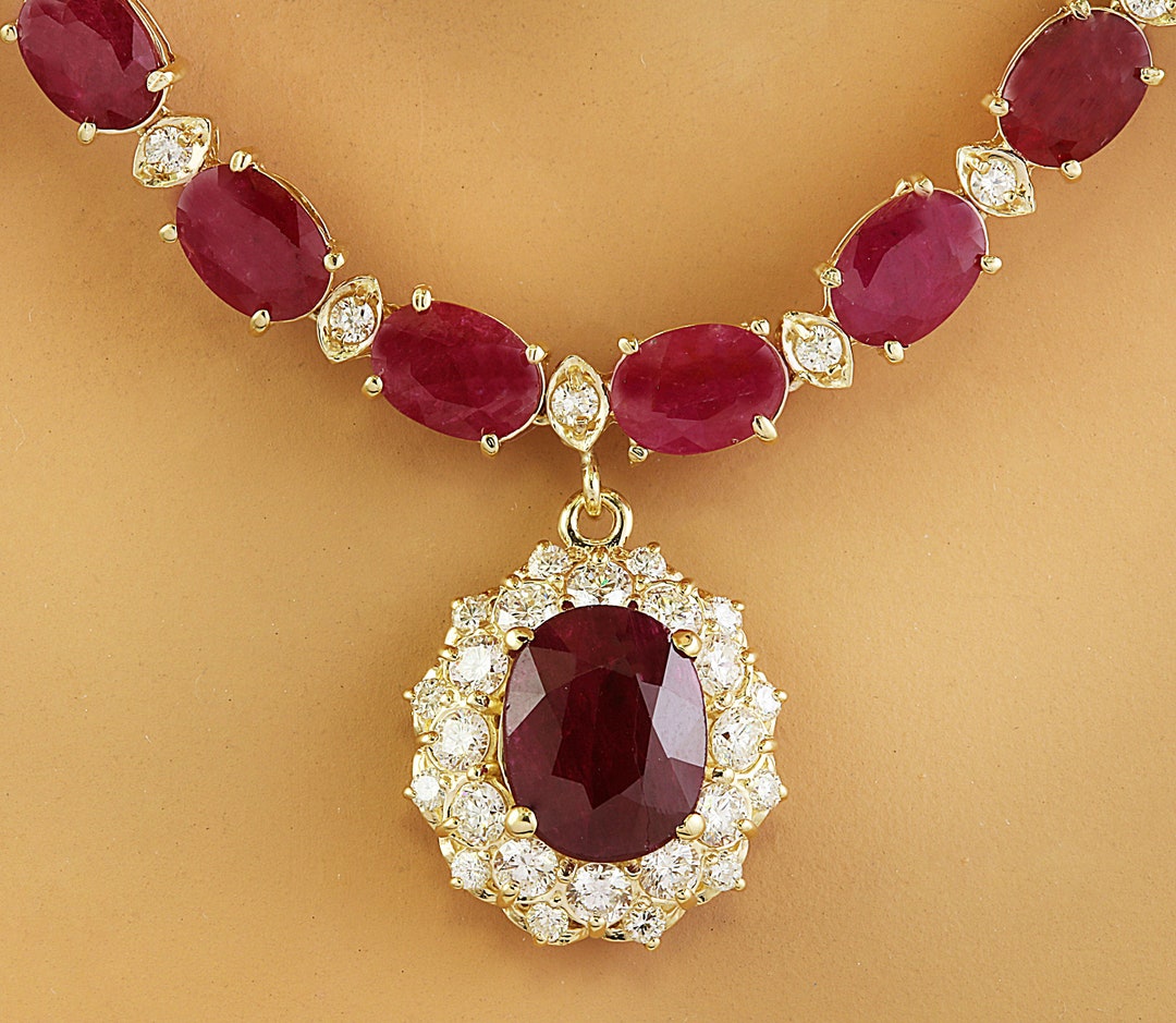 Ruby and Diamond Necklace With Necklace in 14k Yellow Gold - Etsy