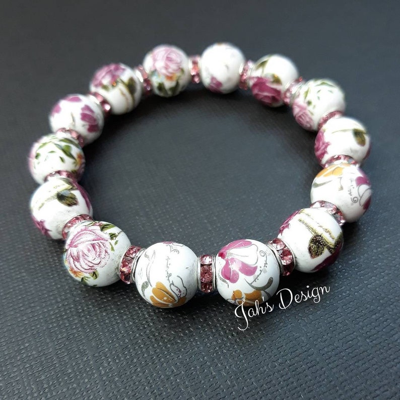 Pink Rose Ceramic Bead Bracelet With Pink Rhinestones Beaded | Etsy