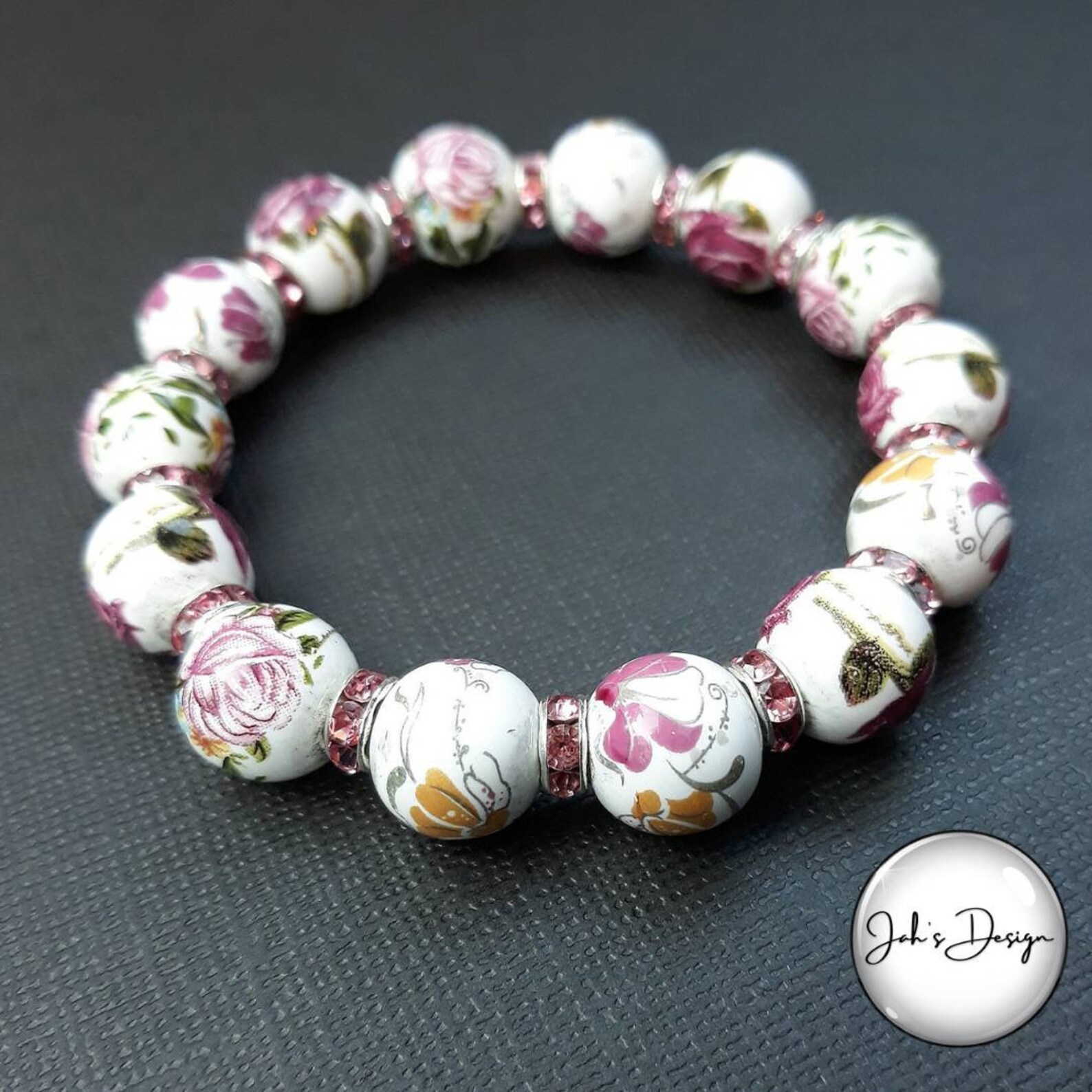 Pink Rose Ceramic Bead Bracelet With Pink Rhinestones Beaded - Etsy