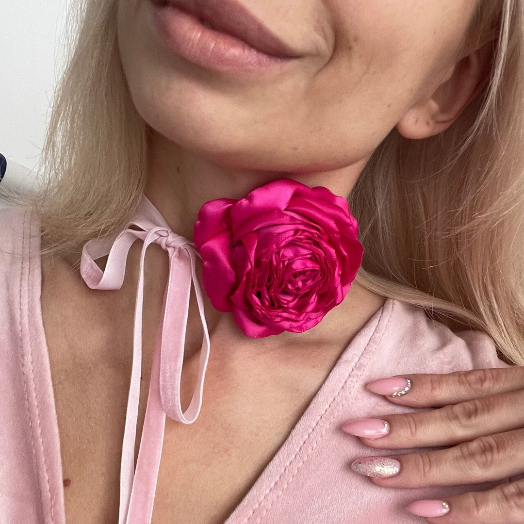 Enchanting Blossom: Magenta Rose Flower Choker From Silk Satin Ideal ...