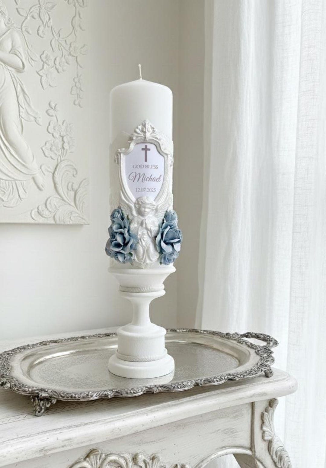 Blue Baptism Candle for Boy – White Lace Angel Candle With Florals ...