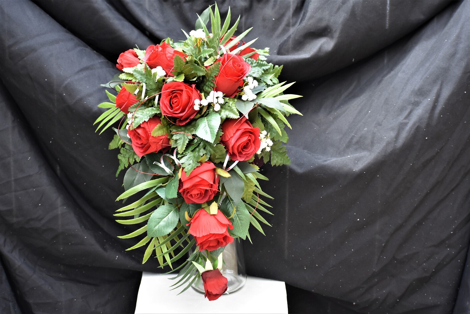 Cascade Bouquet Red Rose & Greenery - Etsy