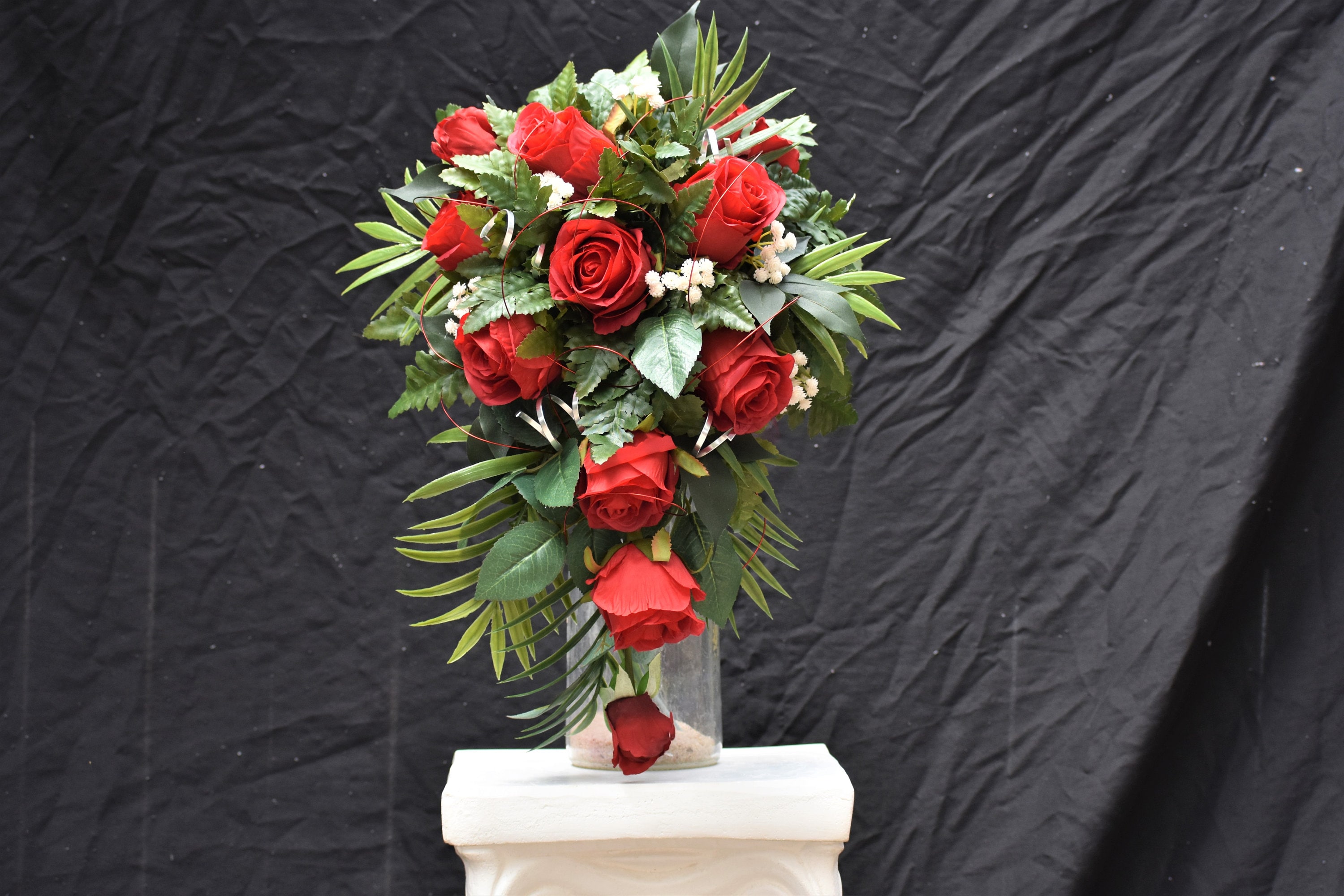 Cascade Bouquet Red Rose & Greenery - Etsy