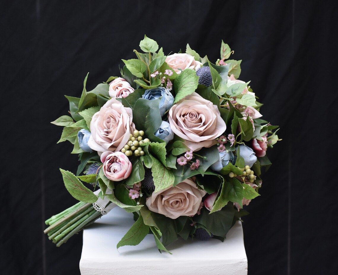 Hand Wrapped Dusty Rose and Dusty Blue Bouquet- Oversized - Etsy