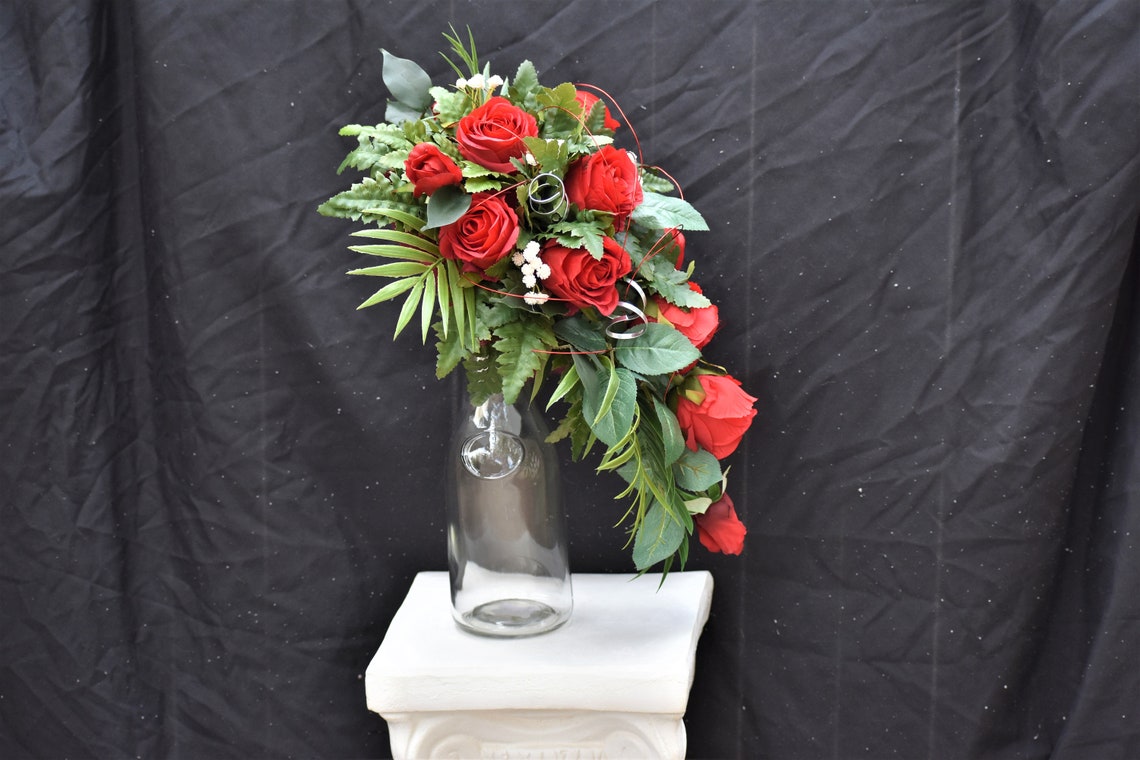 Cascade Bouquet Red Rose & Greenery - Etsy