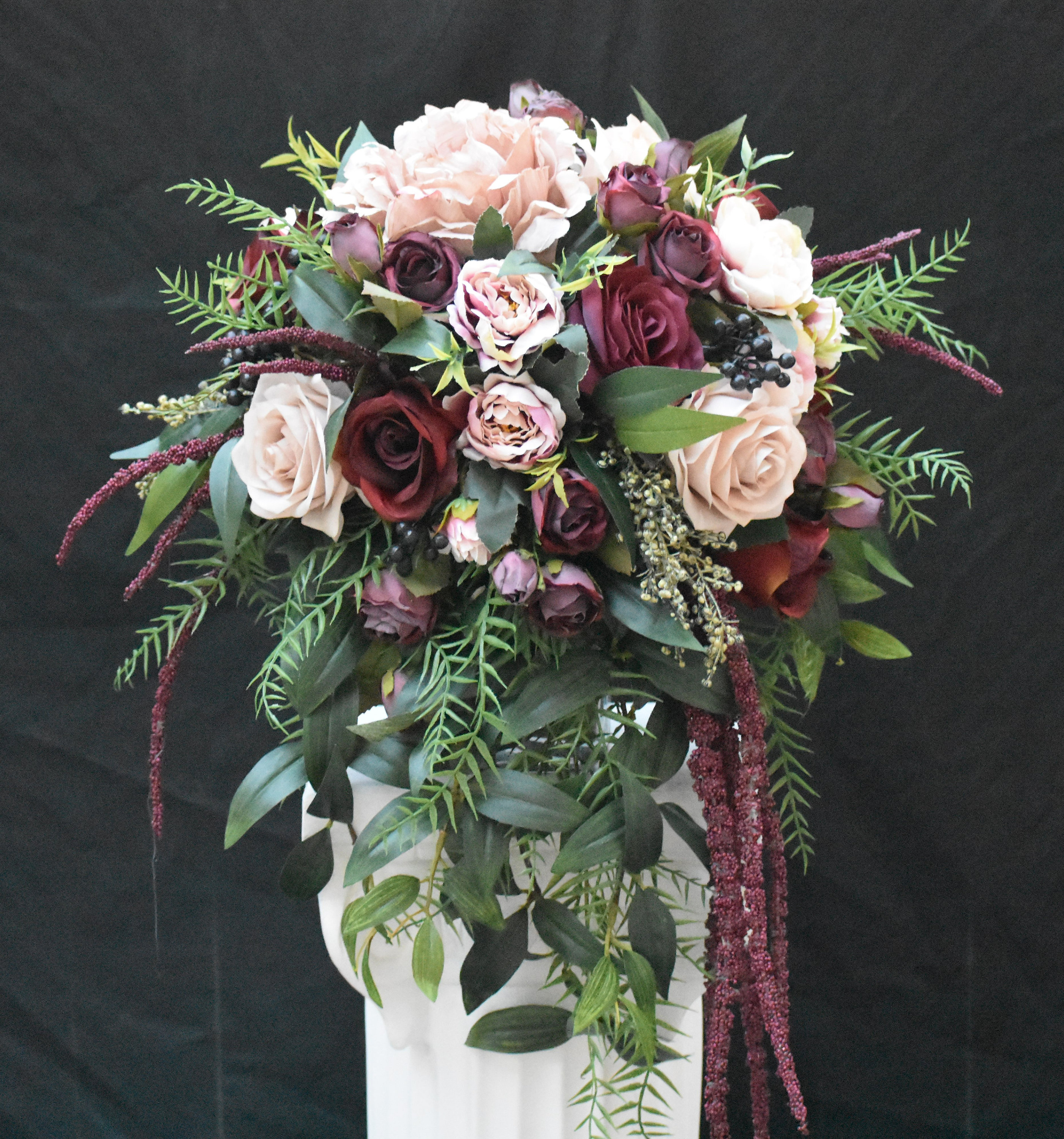 Burgundy Cascade Bridal Bouquet, Champagne Mauve Roses, Fern Greenery ...
