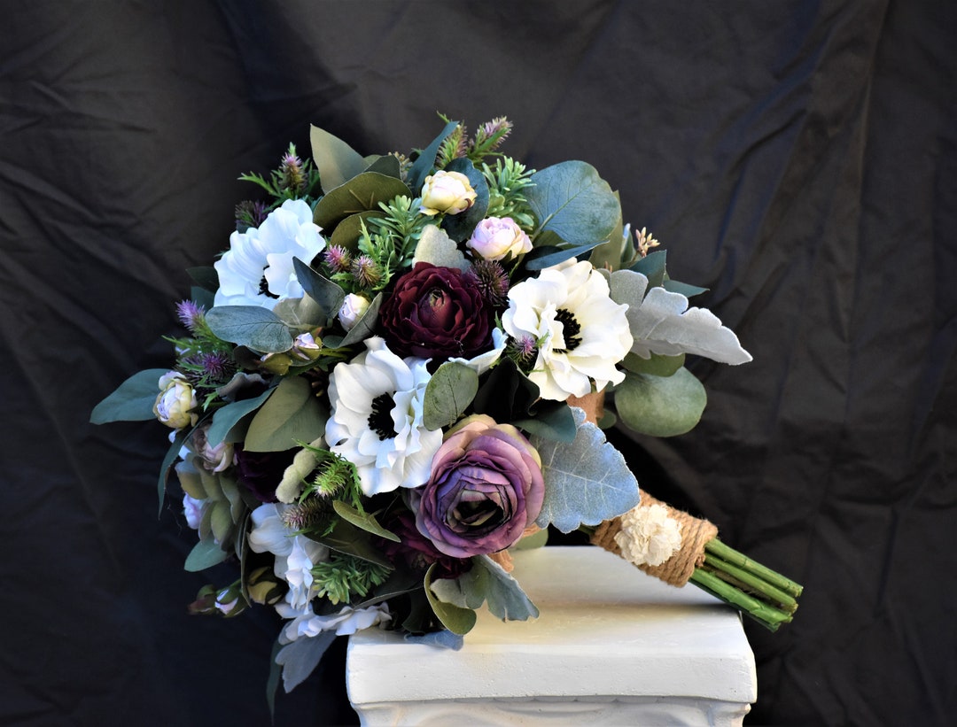 Hand-wrapped Bouquet Dusty Purple, Plum and Ivory Anemones Eucalyptus ...
