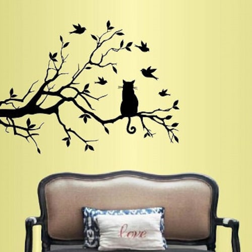 Large Fluffy Cat Wall Decal Black Cat Silhouette Vinyl Decal | Etsy