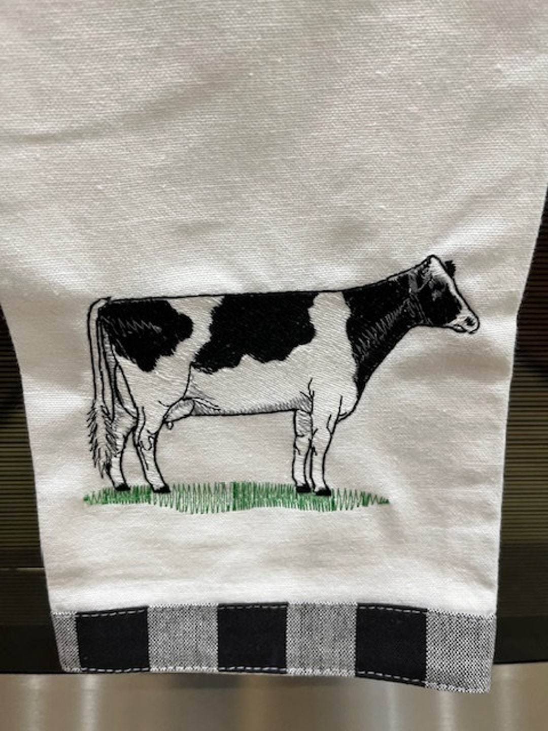 Embroidered Holstein Cow on a 100% White Cotton Kitchen Towel With ...