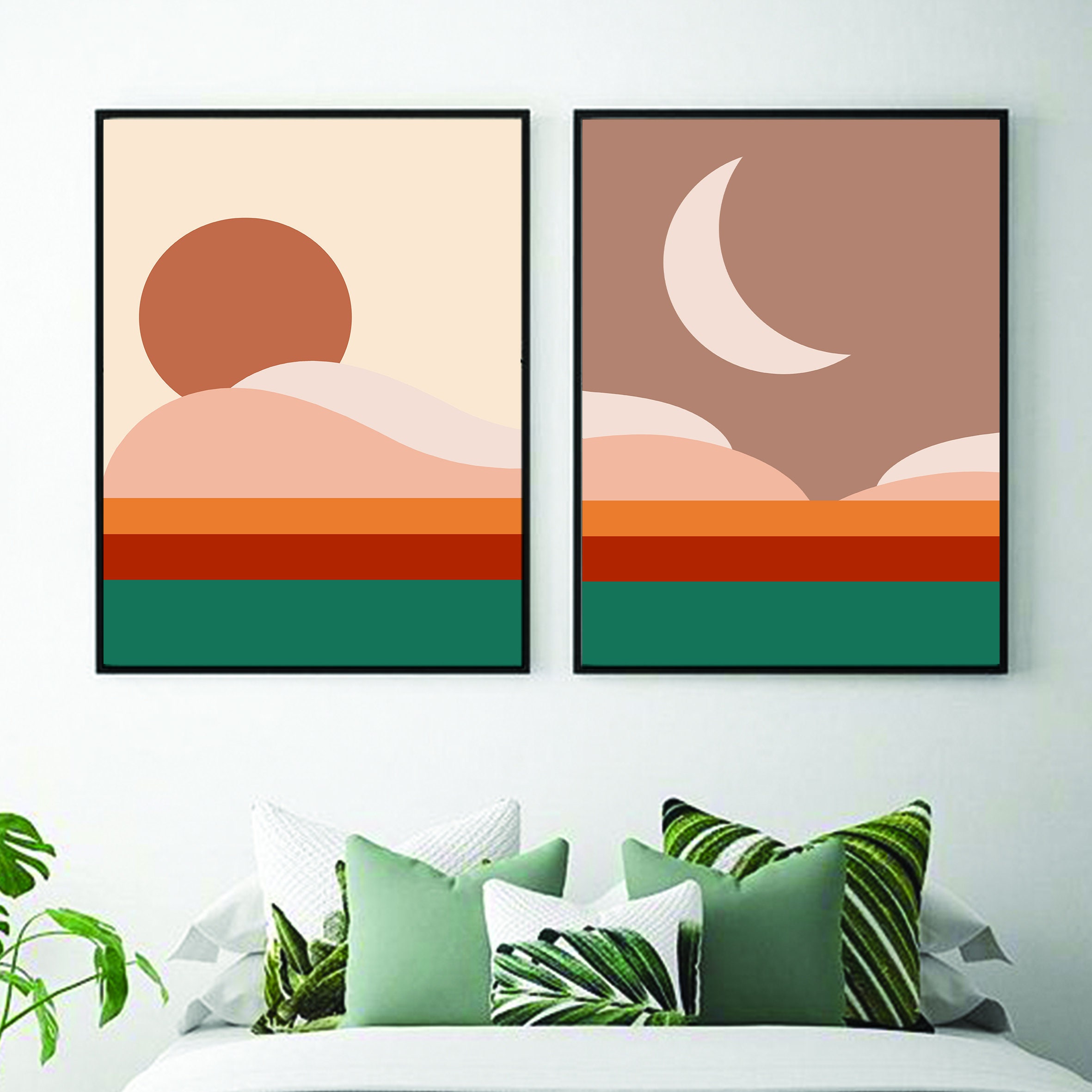 Moon and Sun Prints, Set of 2 Abstract Posters, Colorful Wall Art, Boho ...