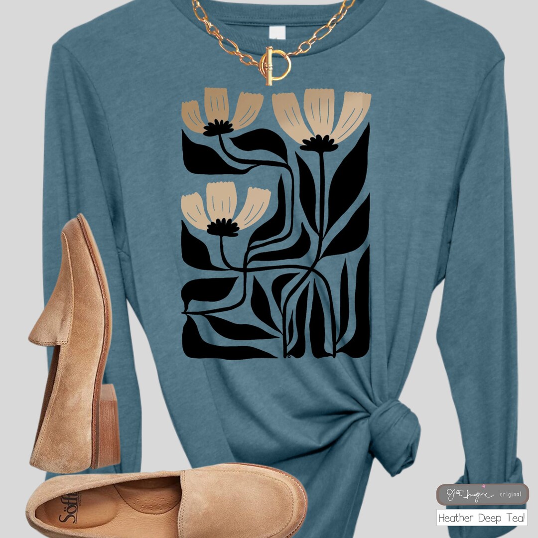 Dark Flora Long Sleeve T-shirt: Women's Botanical Graphic Tee, Cotton S ...