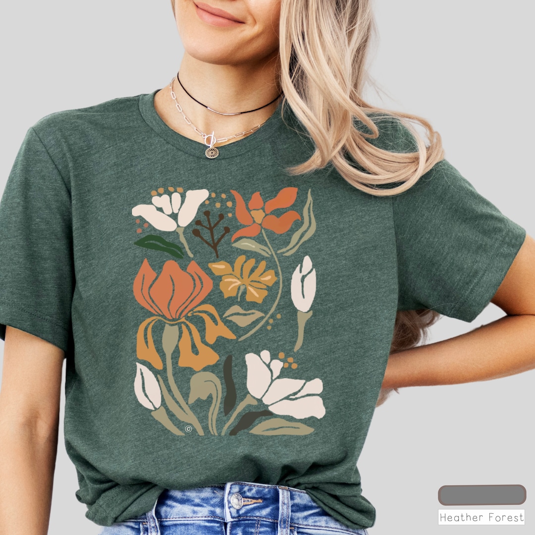Autumn Colors Flower Tee Shirt, Botanical Tee, Boho Tee, Wildflower ...