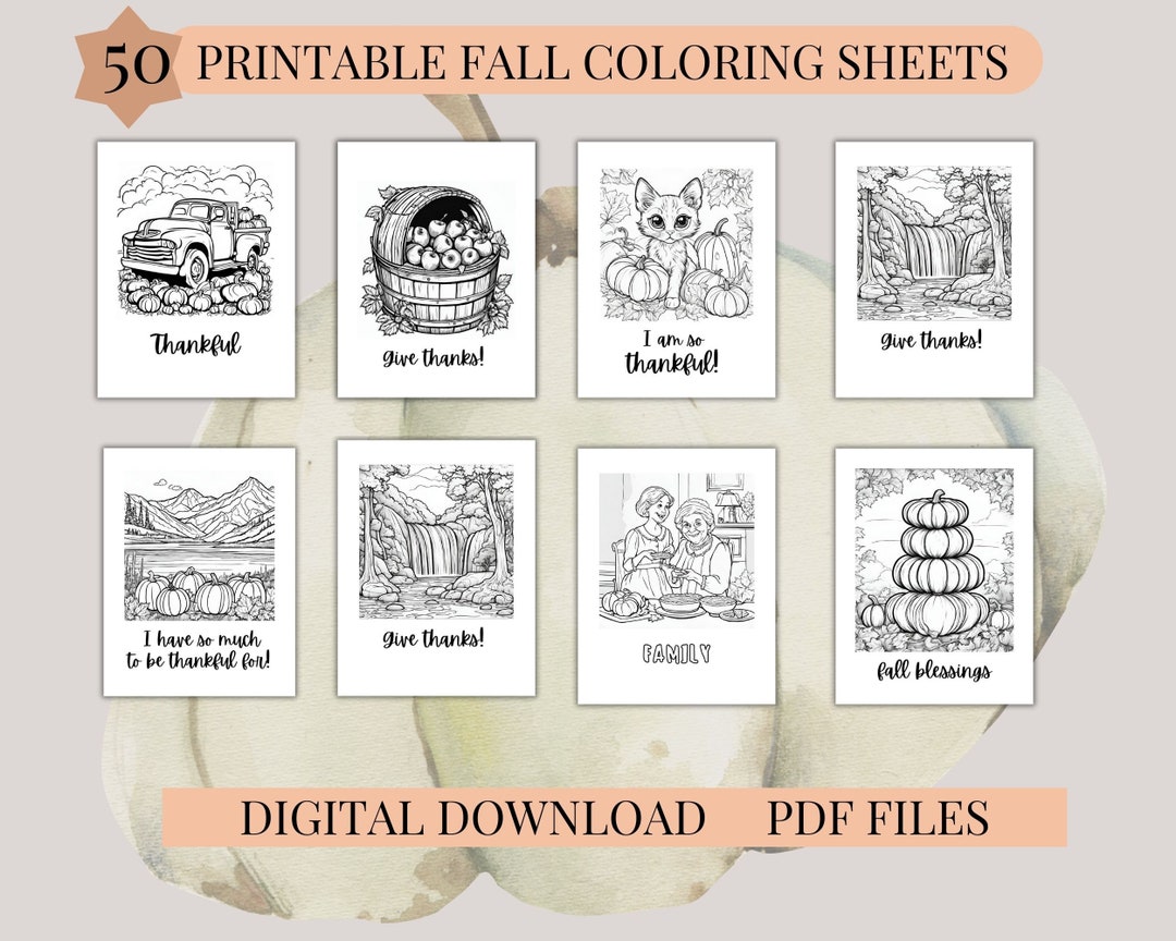 50 Fall Thanksgiving Coloring Sheet Activity Printable, Adult Coloring ...