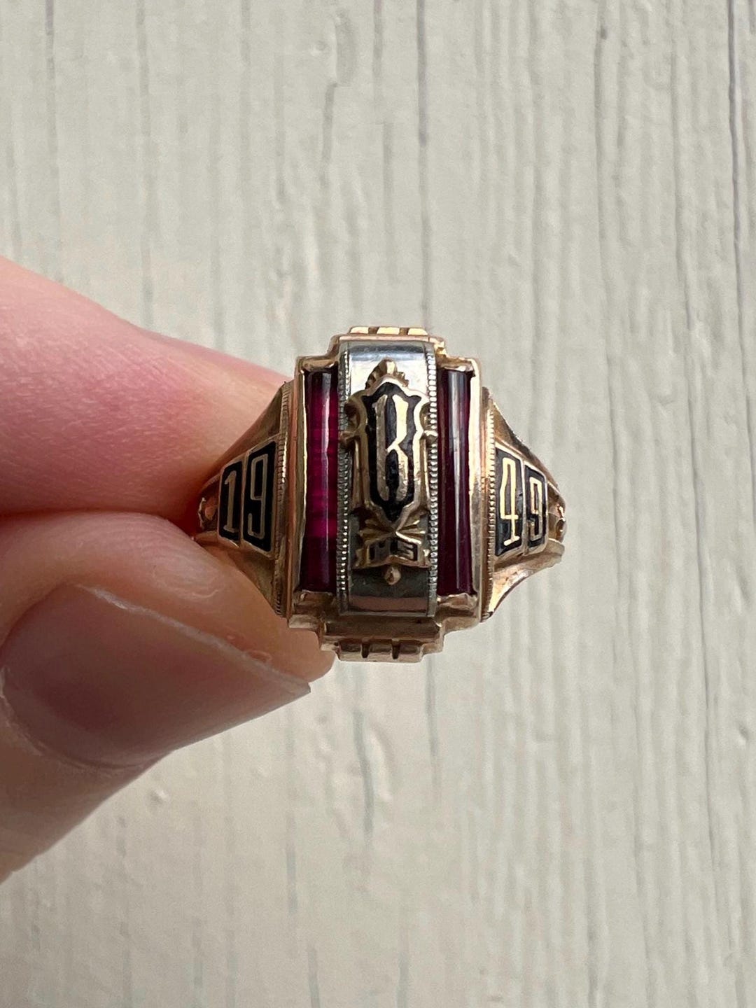 Red Garnet “B” Initial High School Signet Ring 1949 | 10K Yellow Gold ...