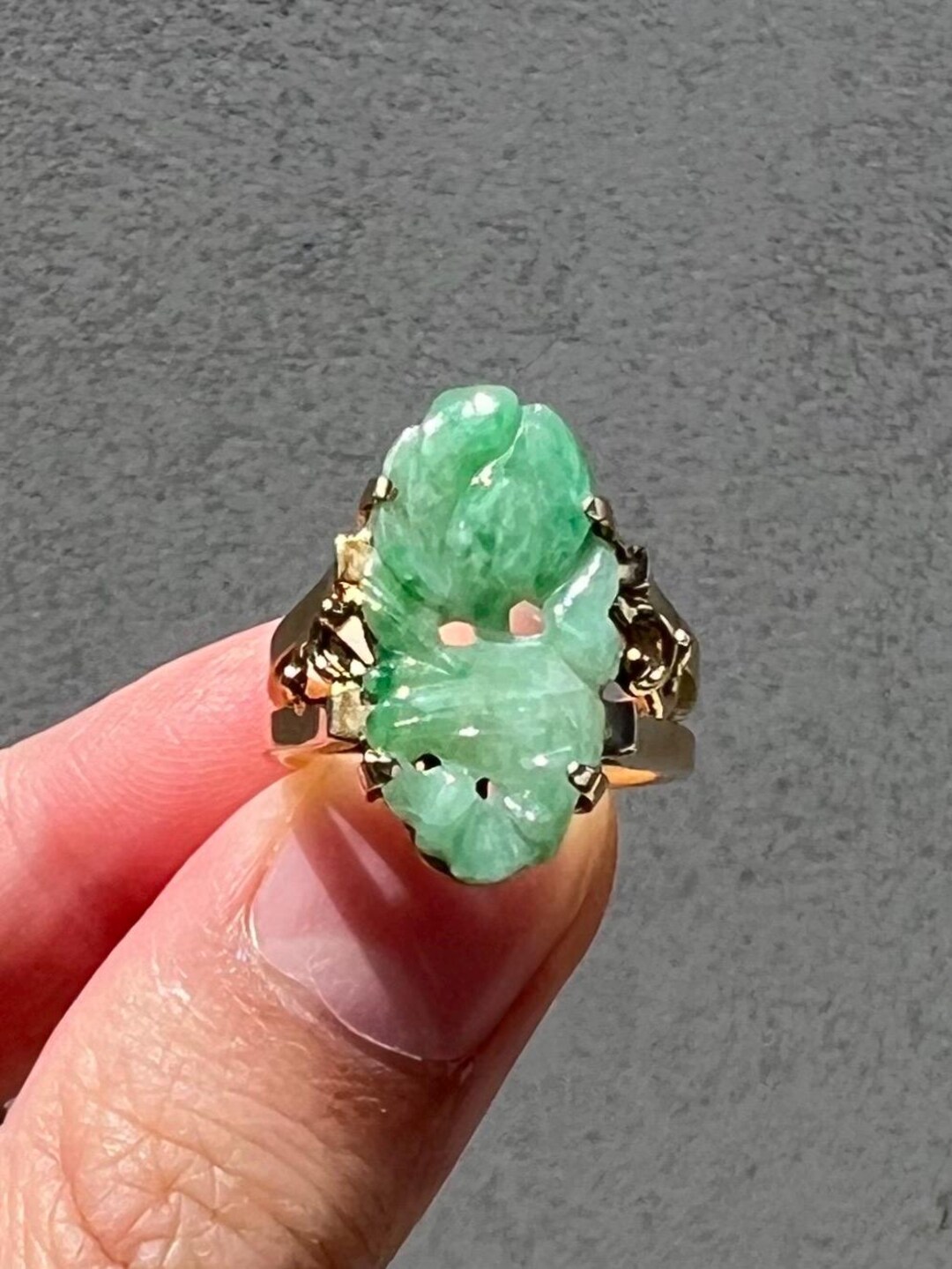 Vintage 14K Gold Jadeite Jade Ring With Flower Carving - Etsy