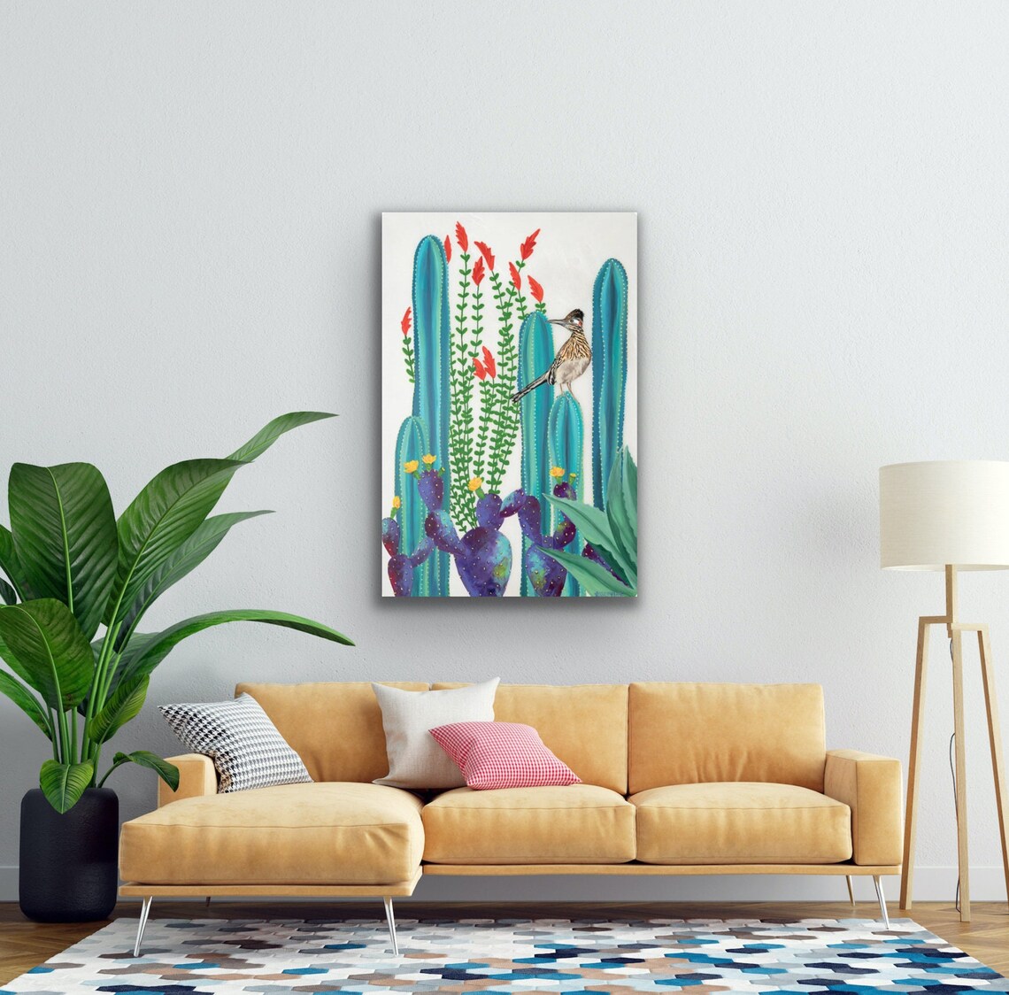 Roadrunner Desert Cactus Stretched Canvas Print of Bird and Prickly ...