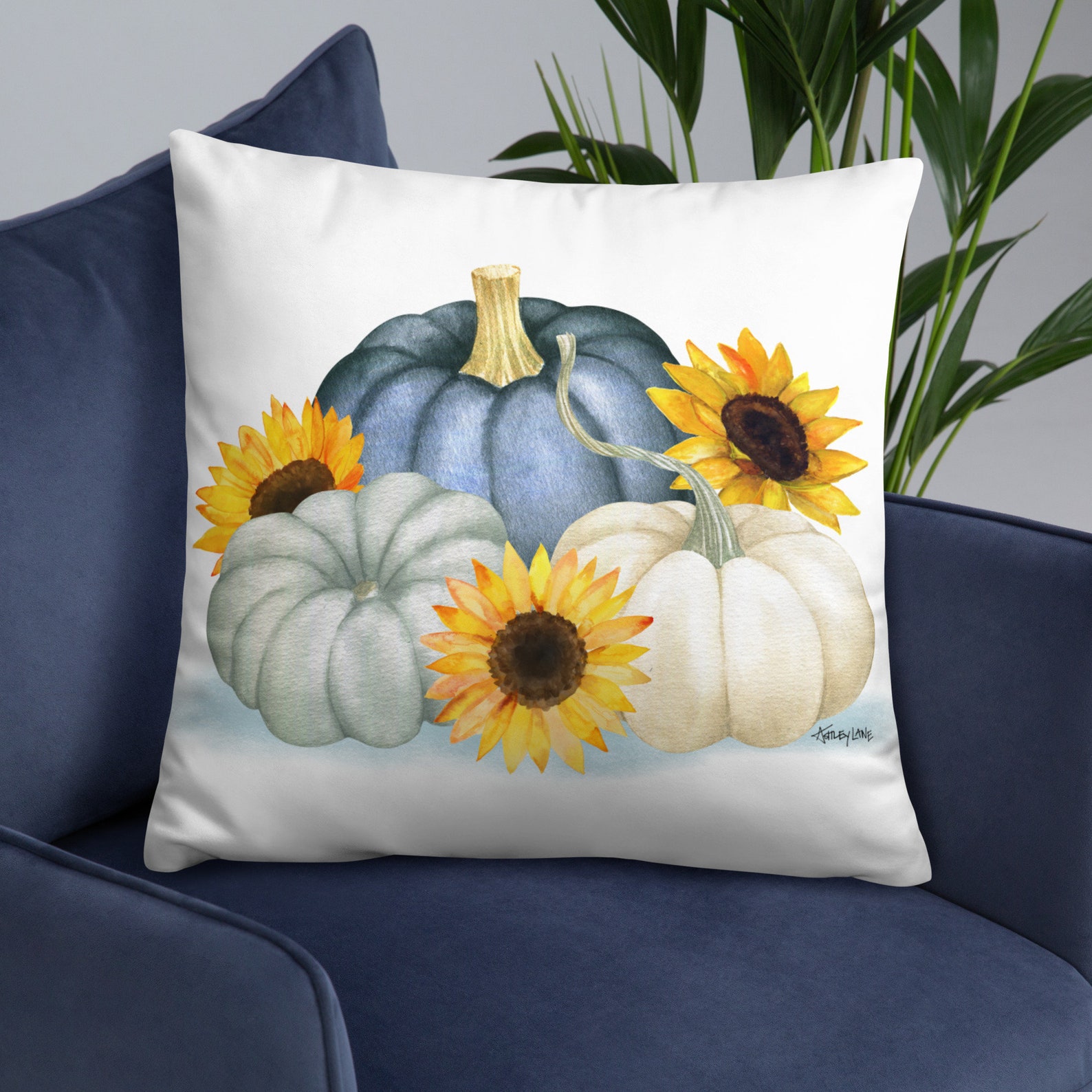 Fall Blue Pumpkin and Yellow Sunflower Watercolor Throw Pillow Home ...