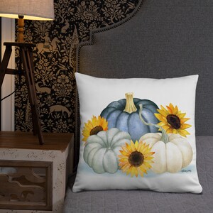 Fall Blue Pumpkin and Yellow Sunflower Watercolor Throw Pillow Home ...