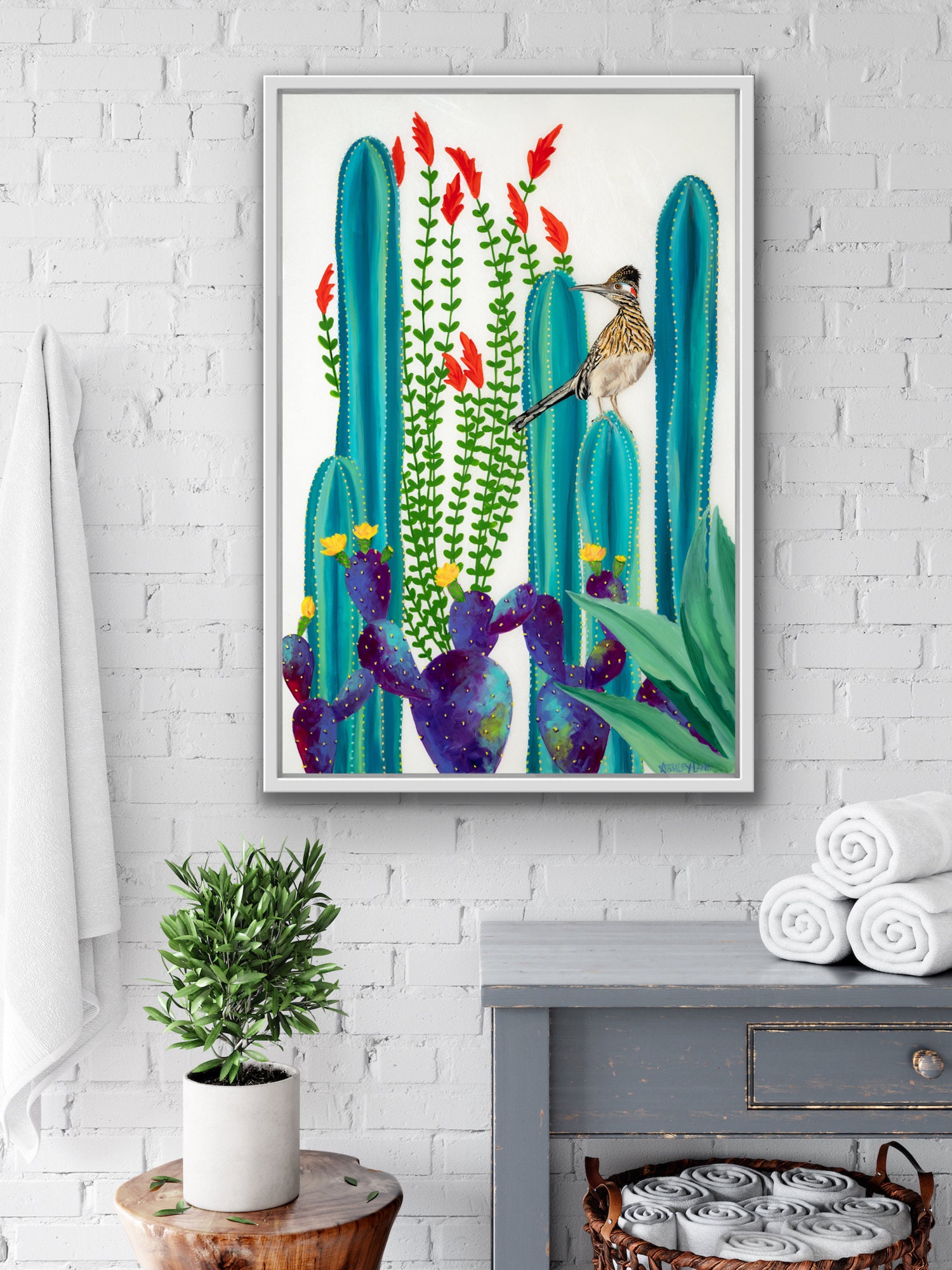 Giclee fine art print of original Roadrunner, cactus, agave, ocotillo ...