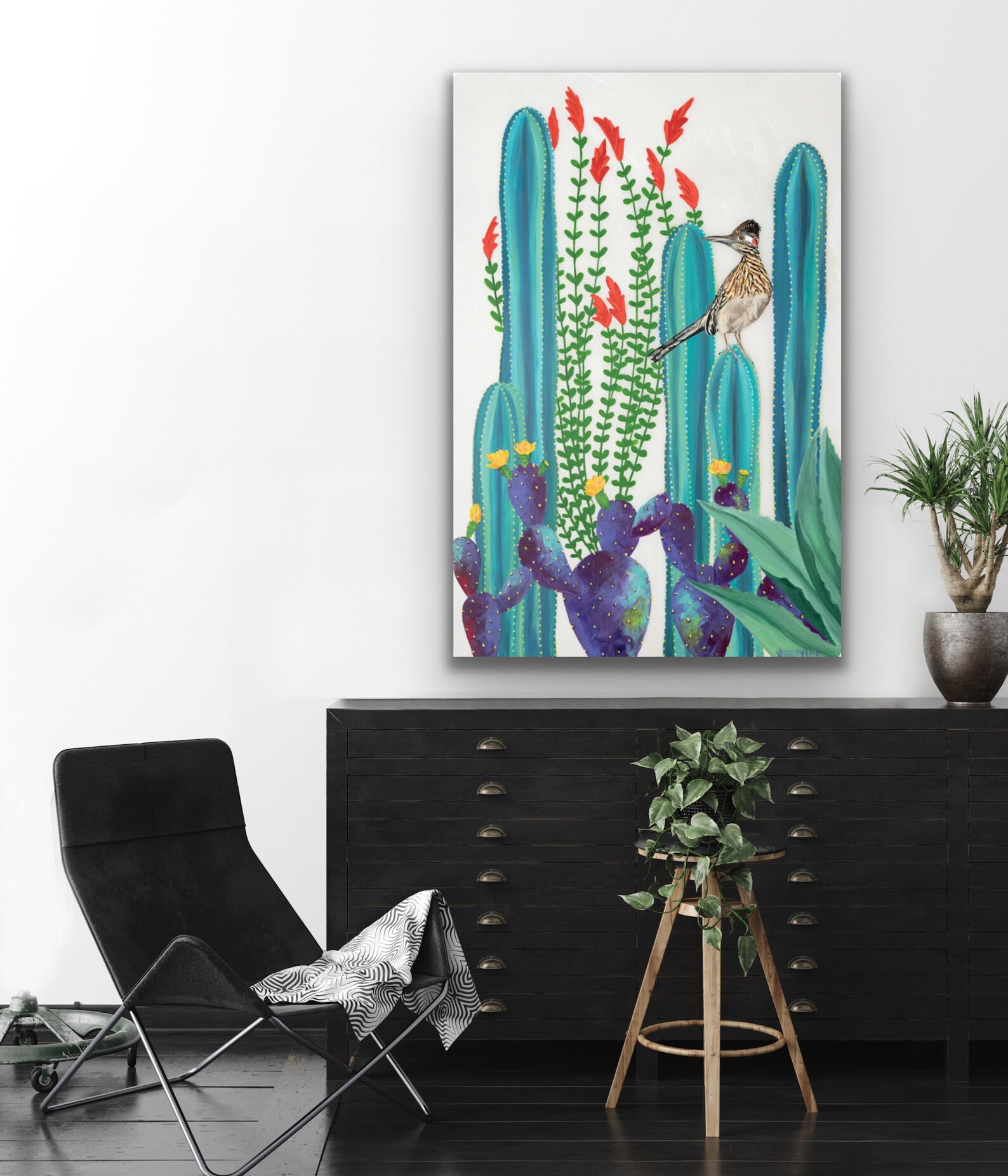 Roadrunner Desert Cactus Stretched Canvas Print of Bird and Prickly ...