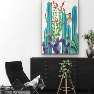 Roadrunner Desert Cactus Stretched Canvas Print of Bird and Prickly ...
