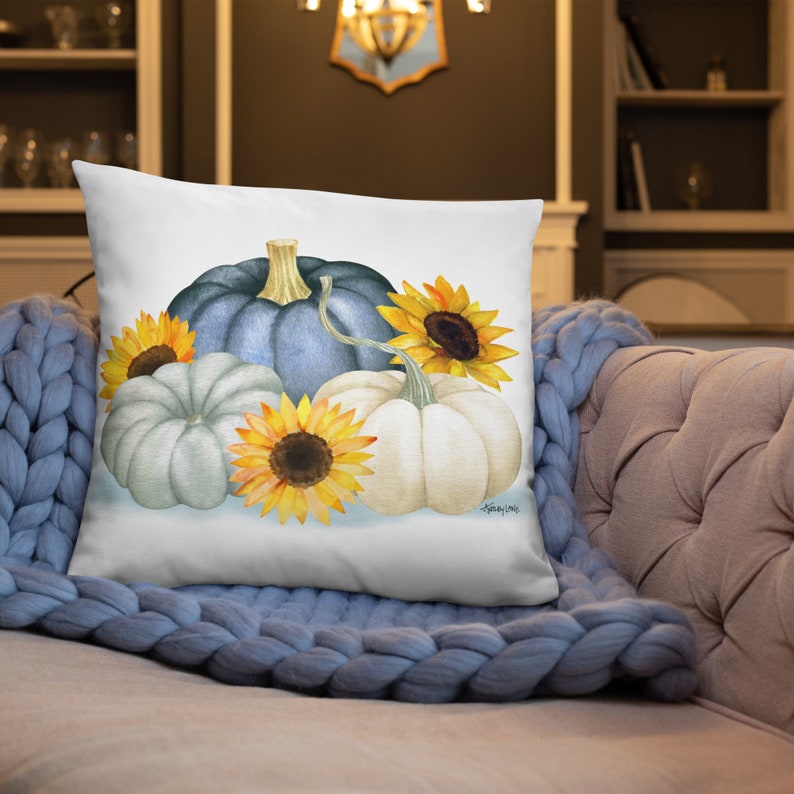 Fall Blue Pumpkin and Yellow Sunflower Watercolor Throw Pillow Home ...