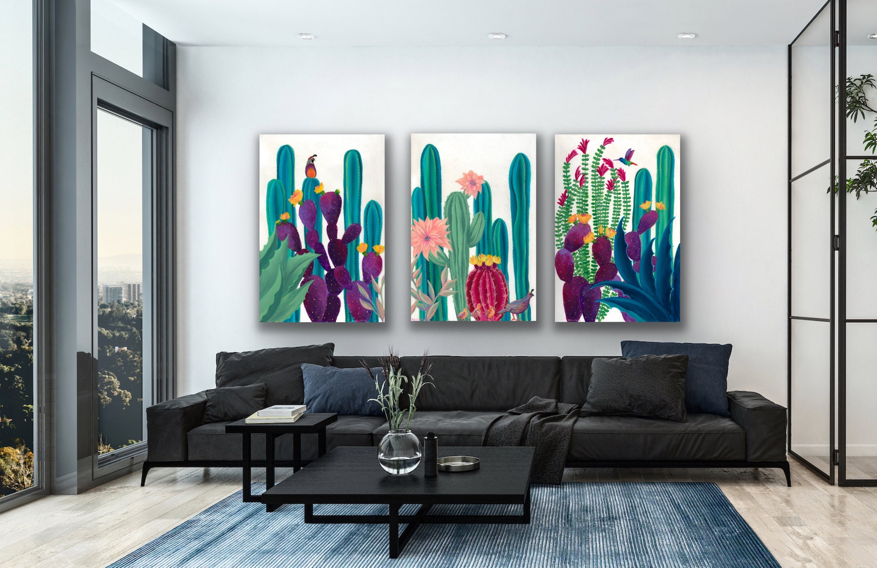 Desert Landscape 3 Piece Triptych 3 Panels Resin Pour Colorful Cactus ...