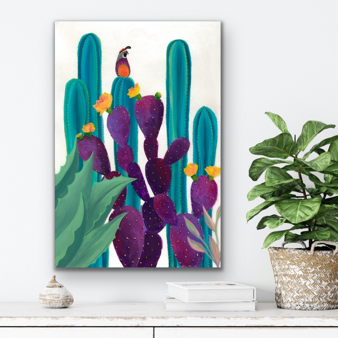 Colorful Quail Cactus Desert Landscape Original Acrylic Painting and ...