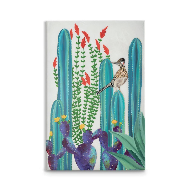 Roadrunner Desert Cactus Stretched Canvas Print of Bird and Prickly ...