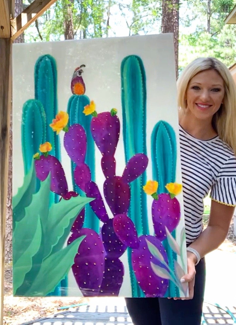 Colorful Quail Cactus Desert Landscape Original Acrylic Painting and ...