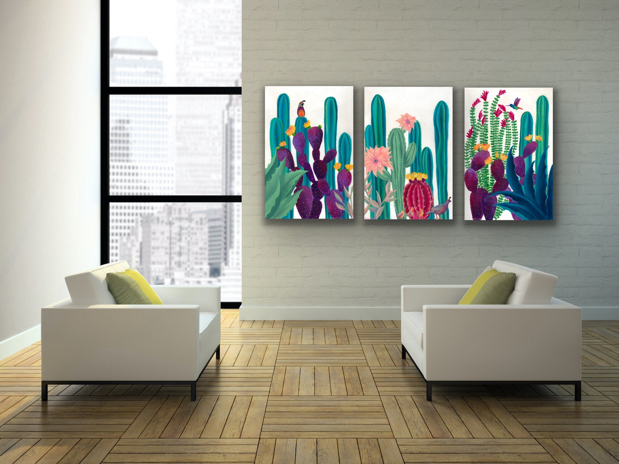 Desert Landscape 3 Piece Triptych 3 Panels Resin Pour Colorful Cactus ...