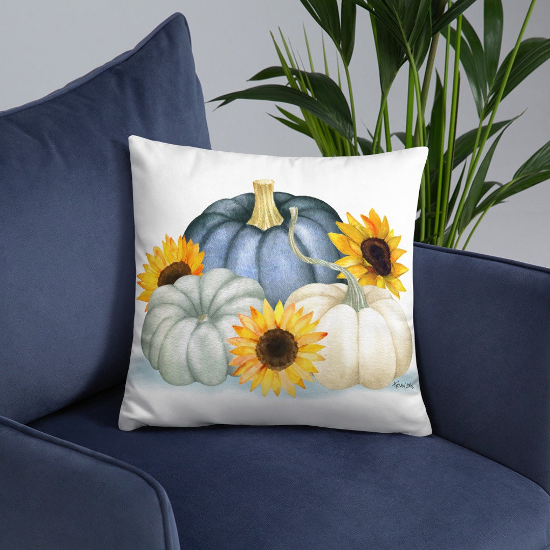 Fall Blue Pumpkin and Yellow Sunflower Watercolor Throw Pillow Home ...