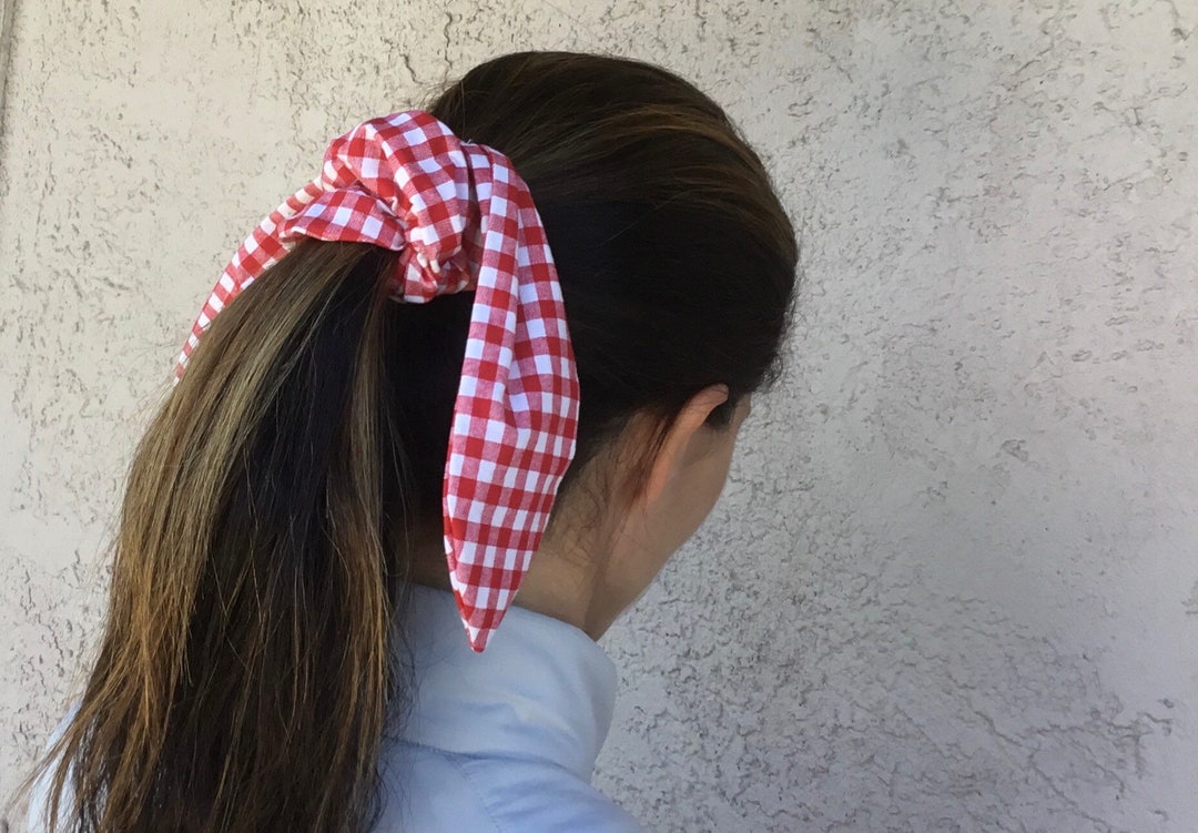 Large Long Tail Red Check Scrunchy, Large Scrunchy With Long Tail ...