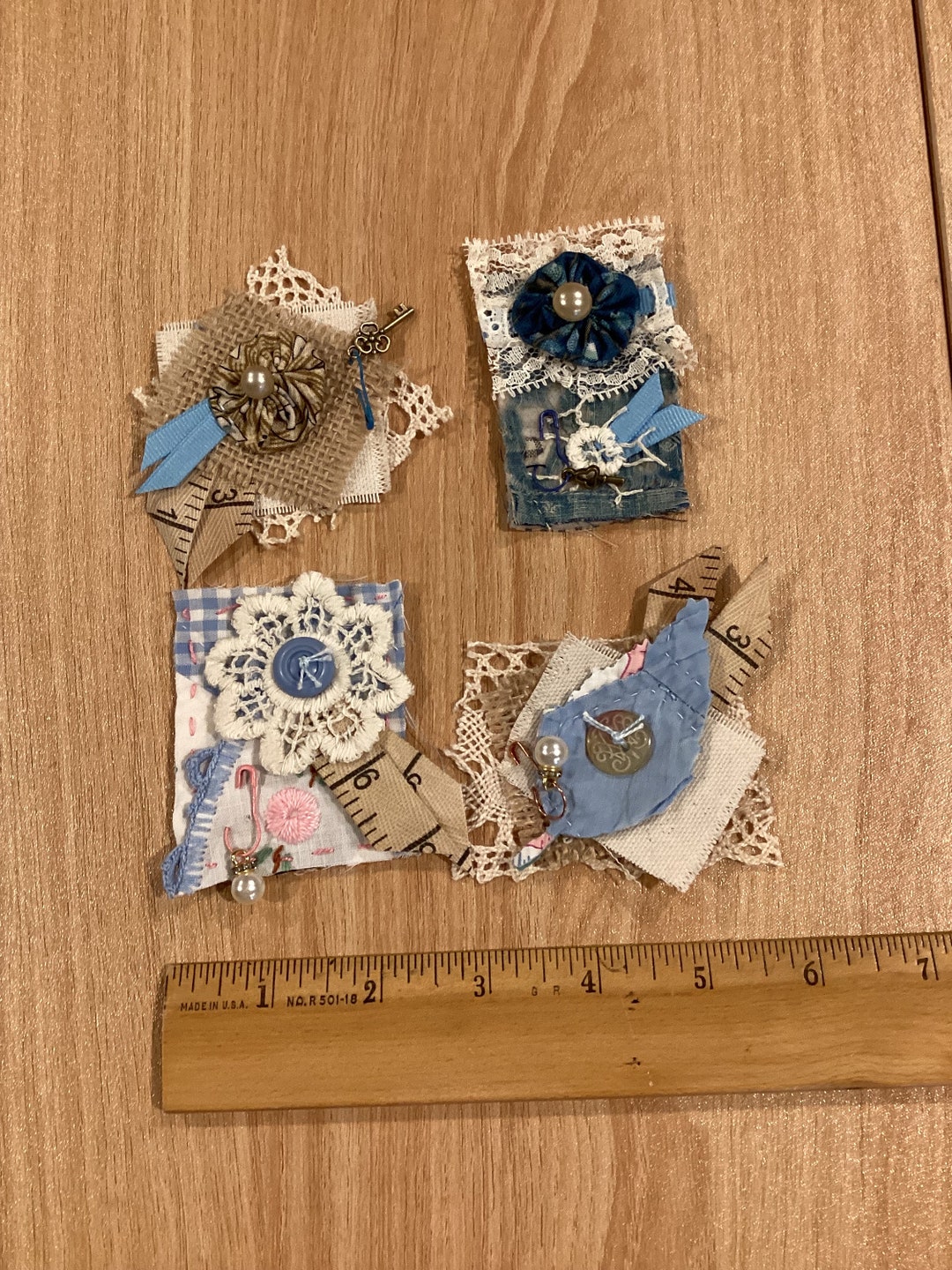 Set of 4 Blue and Neutral Clusters for Embellishment, Junk Journal Clusters, Lace/doily/fabric ...