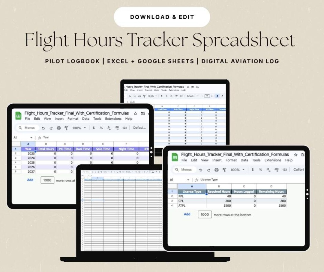 Flight Hours Tracker Spreadsheet | Pilot Logbook | Excel + Google ...
