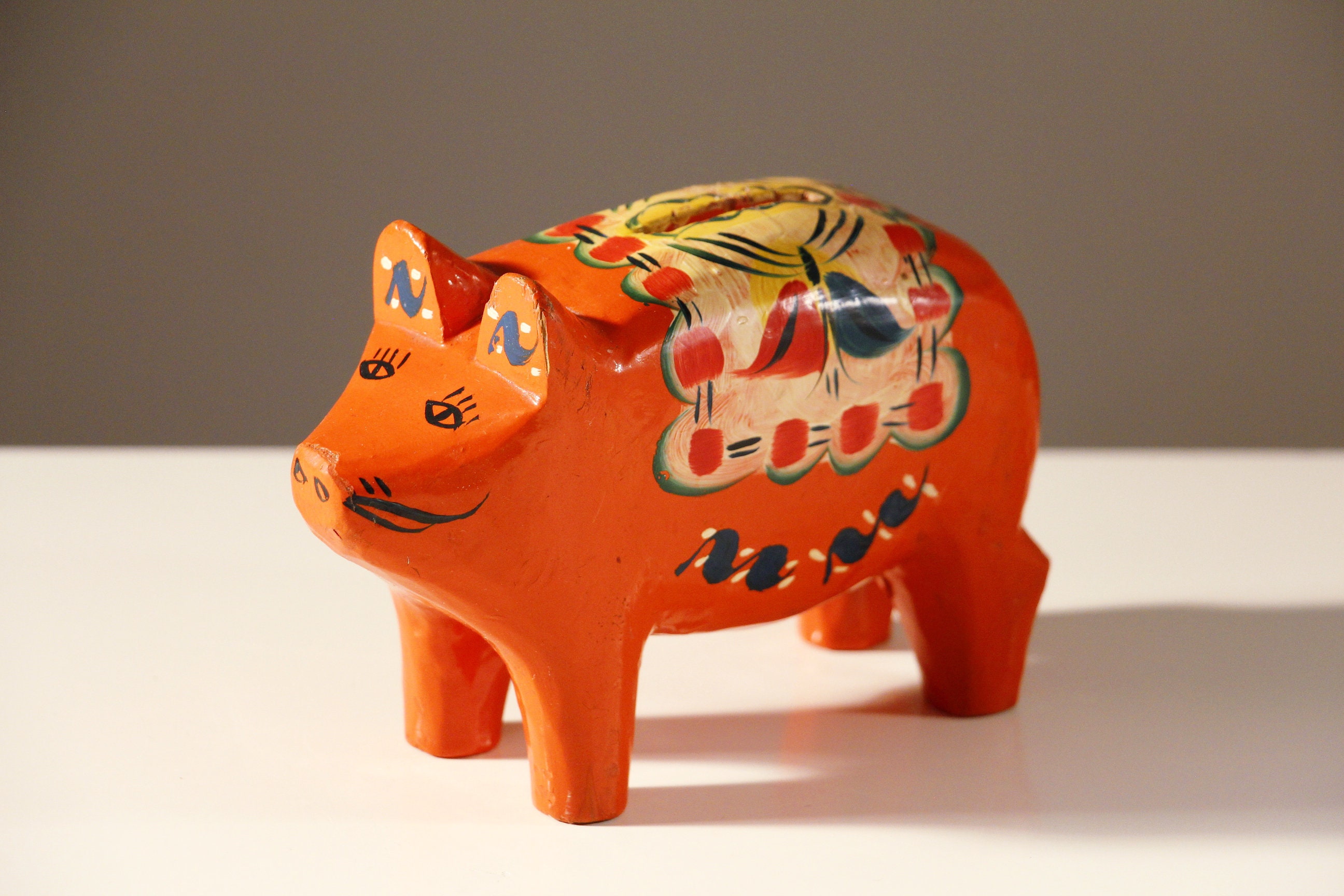 VINTAGE DALA PIG Piggy Bank Money Box Wooden Hand Carved Made Sweden ...