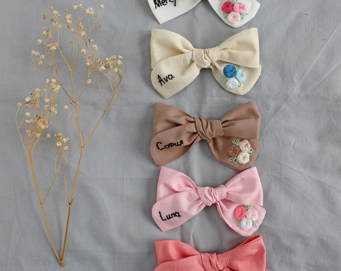 Personalized Bow, Hand Embroidered Bow, Embroidered Bows for Girls, One ...