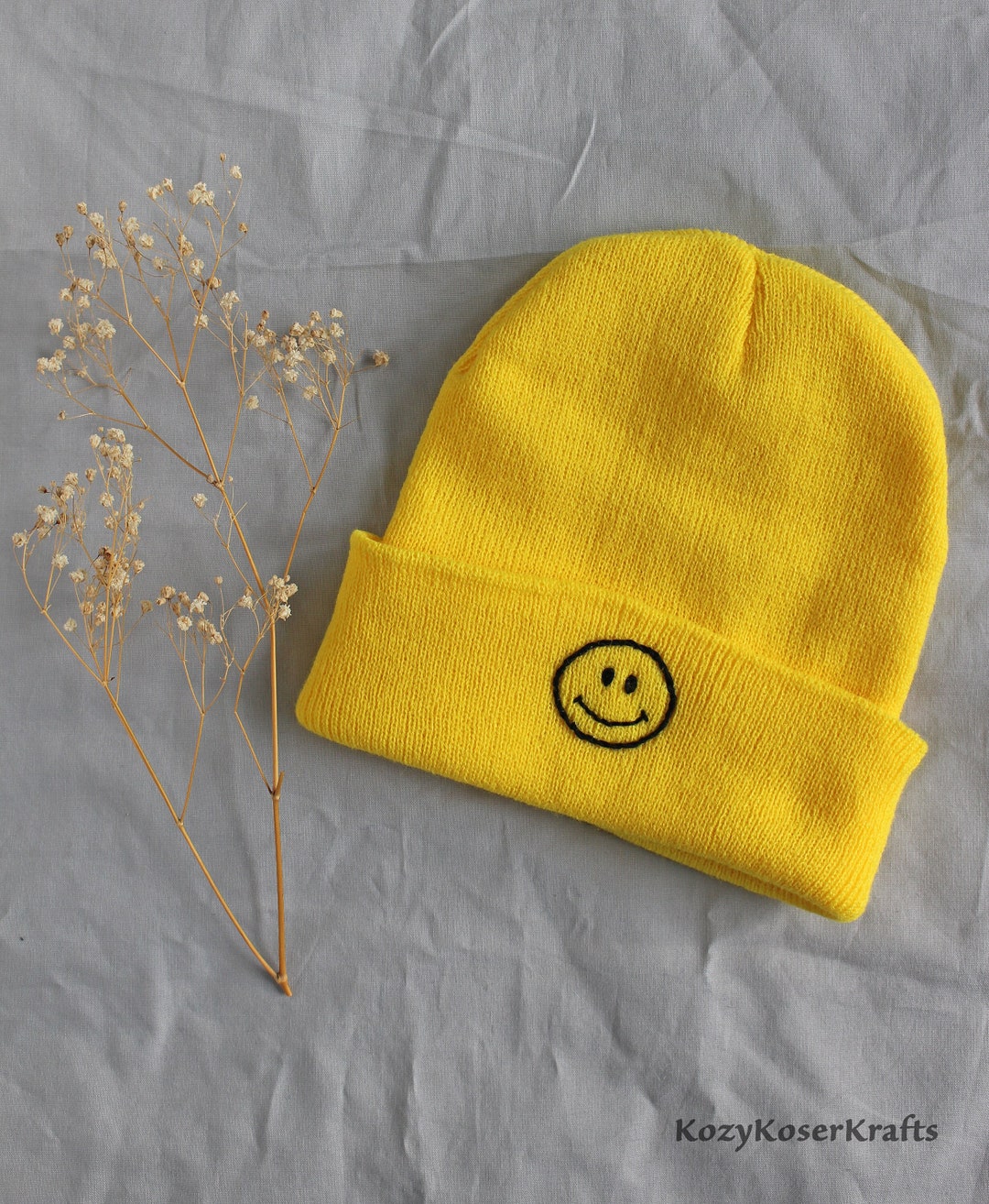 The Happy Beanie, Smiling Face Hat, Unisex Smiley Hat, Hand Embroidered ...