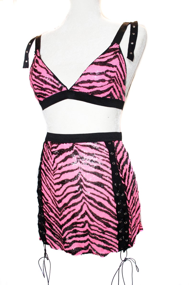 Hot Pink Zebra Bra And Skirt Set Rave Outfit Sequin High Waist Etsy