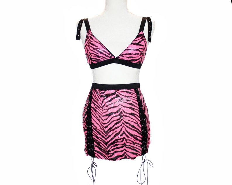 Hot Pink Zebra Bra And Skirt Set Rave Outfit Sequin High Waist Etsy