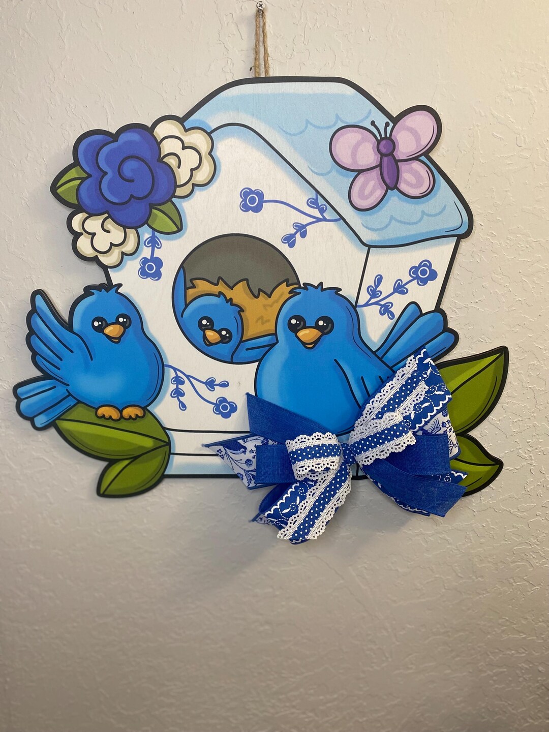 Bluebird Door Hanger, Wooden Spring Door Sign, Birdhouse Welcome Sign ...