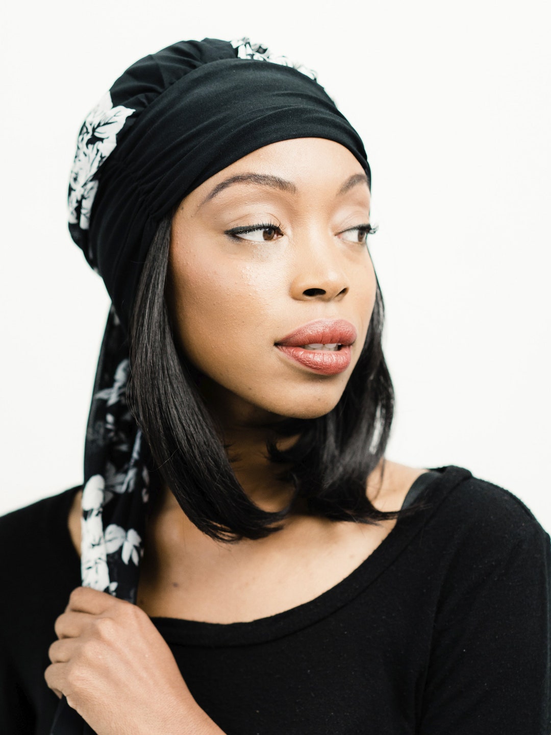 Sheer Black & White Floral Head Scarf Headband Hairstyle Headscarf Hair ...