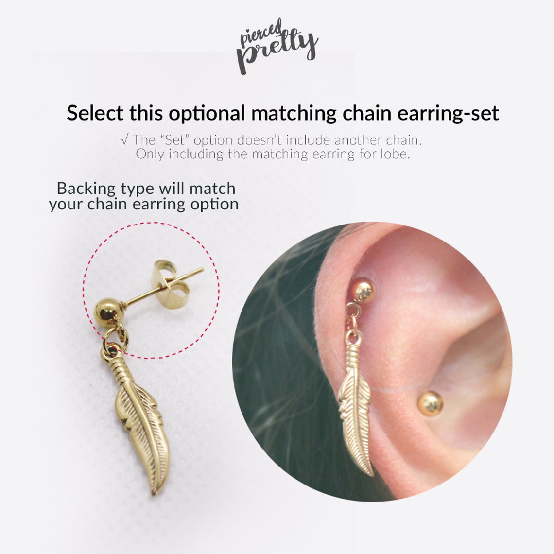 20g 16g Helix to Lobe Feather Chain Earring Helix Double Chain Earring ...