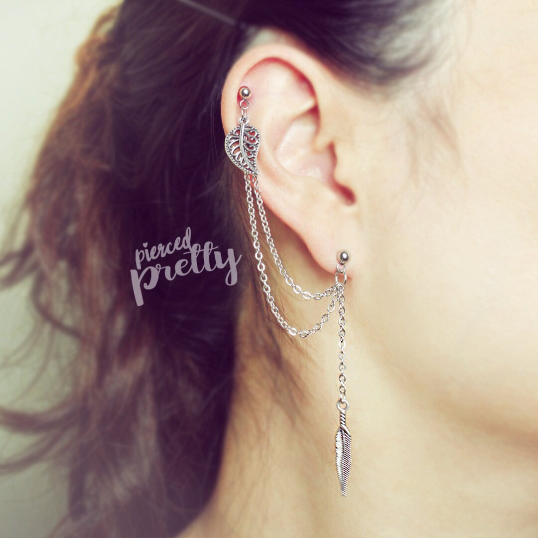 20g 16g Leaf Feather Helix to Lobe Chain Earring, Double Chain Helix ...