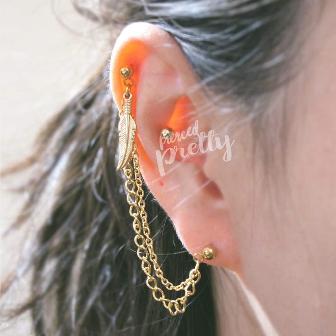 20g 16g Helix to Lobe Feather Chain Earring Helix Double Chain Earring ...