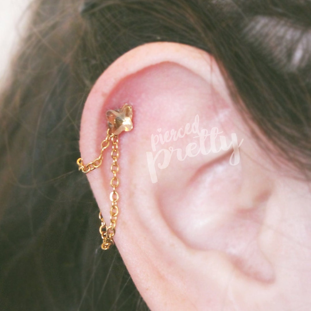 20g 16g Crystal Butterfly Helix Double Chain Ear Stud, Chain Hoop ...
