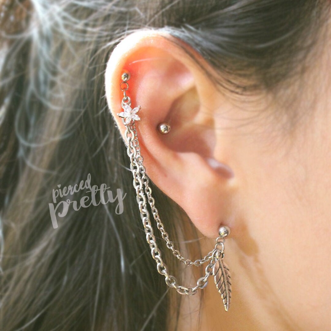 20g 16g Flower Leaf Helix to Lobe Chain Earring, Helix Double Chain ...