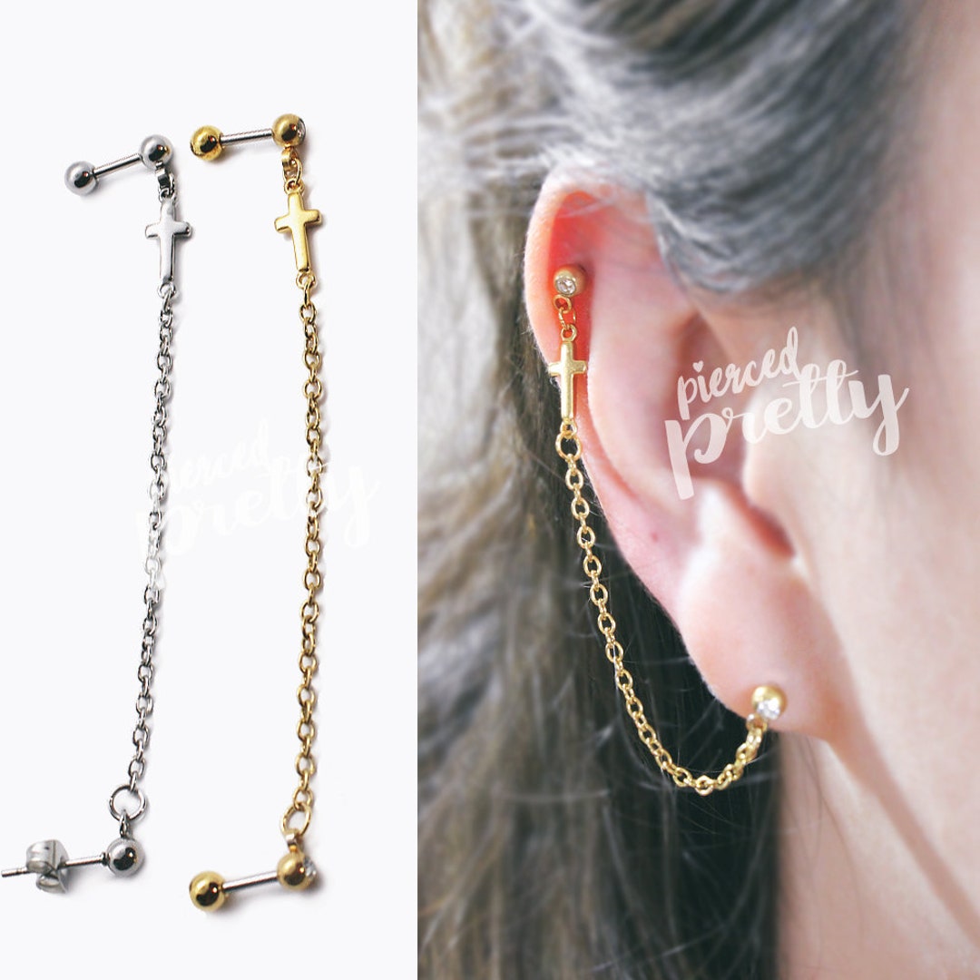 20g 16g Cross Helix to Lobe Chain Earring, Helix Chain Earring, Ear ...